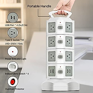 TNP Power Strip Tower Surge Protector - Tower Power Strip with 14 AC Outlets & 4 USB Ports - 2500W/10A - 6ft Cord - USB Plug Tower for Home, Office, Bedroom, Work Desk
