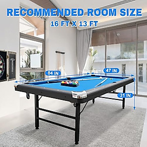 Wakefa 7ft Billiards Table, Portable Foldable Pool Table, Includes Balls, Chalks, 2 Pool Sticks and Brush, Black with Blue Cloth, Perfect for Family Game Room