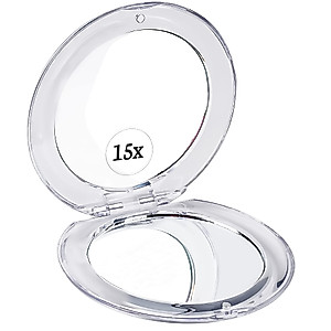 MIRRORVANA Small Compact 15X Magnifying Mirror for Travel - Handheld, Foldable & Very Lightweight - Mini Pocket-Sized Magnified Mirror for Purse - Round 3.3” Diameter