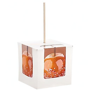 Frcctre 50 Pack White Kraft Candy Apple Boxes with Holes and Sticks, 4" x 4" x 4" Caramel Apple Box Gift Boxes Favor Boxes with Clear Window for Wedding Christmas Baby Shower Party Accessories