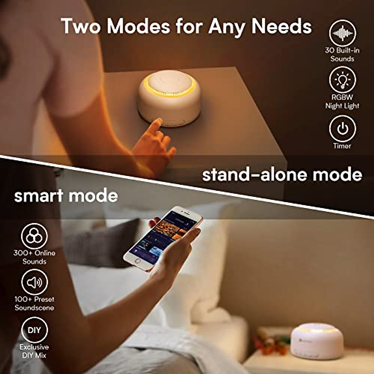 White Noise Sound Machines for Adults Sleeping, 300+ Soothing Smart Sounds Machines with Adjustable Night Lights for Baby, Hotmoon Mona Sound Machine Memory Function 3.5mm Headphone Jack Plug-in.