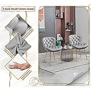 KINFFICT Modern Velvet Dining Chairs Set of 2, Upholstered Kitchen Chair, Mid Century Dinner Chair with Golden Metal Ring, Comfy Accent Chair for Dining Room, Living Room, Vanity Room, Grey