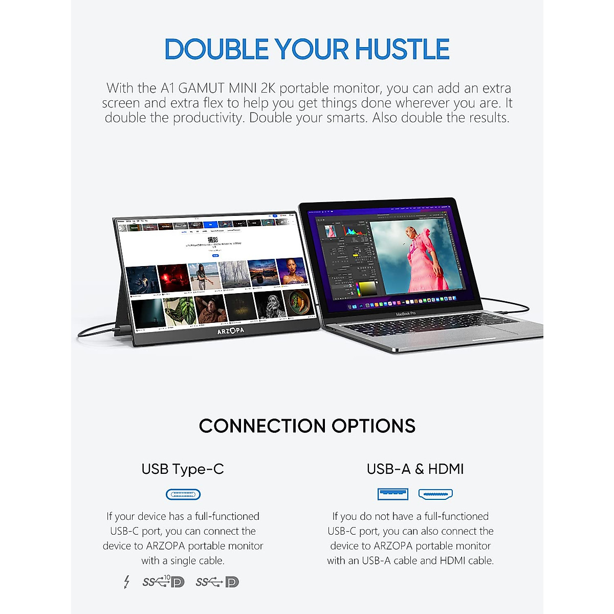 ARZOPA Portable Monitor 2K, 13.3'' HDR Portable Laptop Monitor USB C HDMI External Monitor IPS Eye Care External Display for PC Phone Mac Xbox PS5 Switch-A1 GAMUT MINI 2K