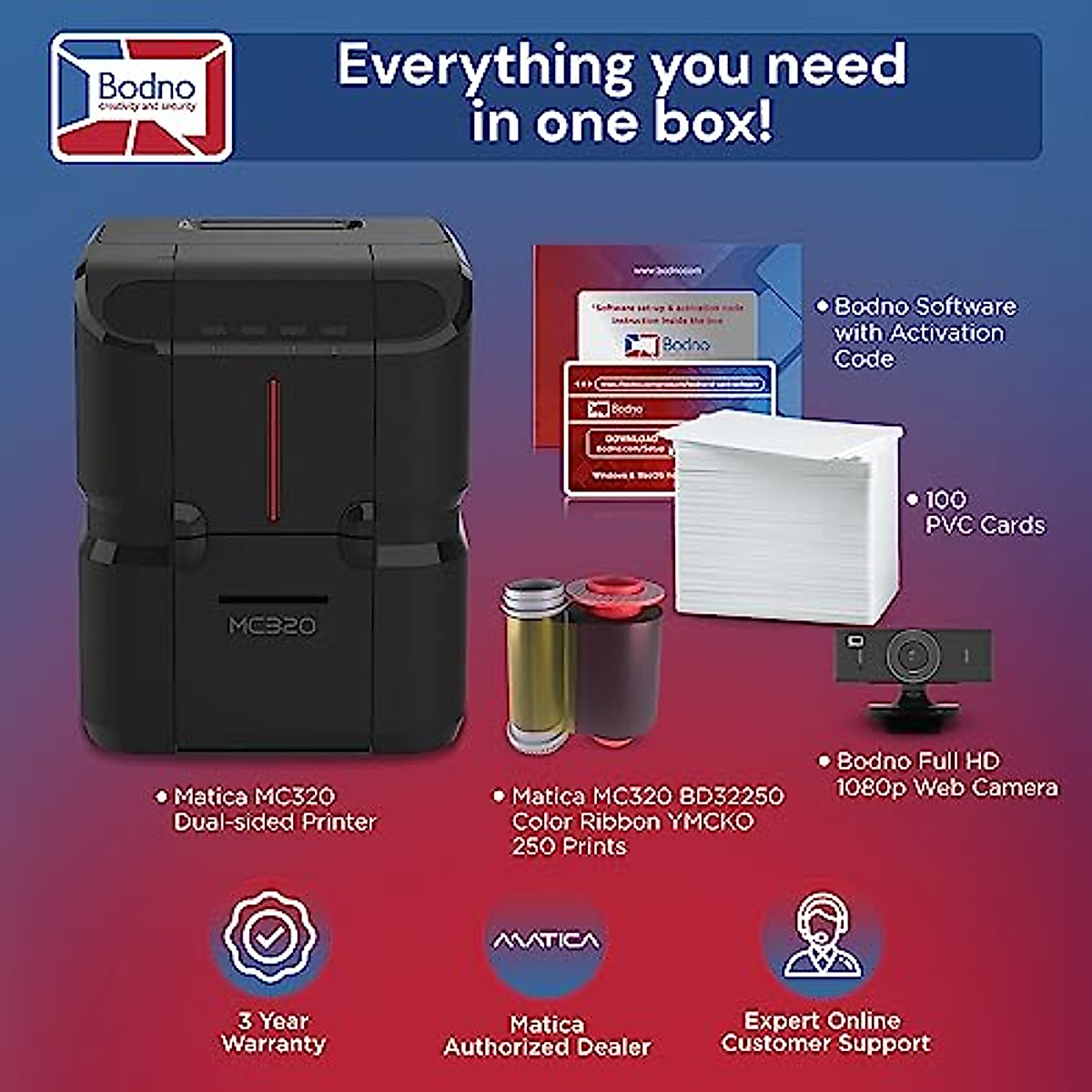 Bodno Matica MC320 Direct-to-Card Dual Sided ID Card Printer & Complete Supplies Package Silver Edition ID Software