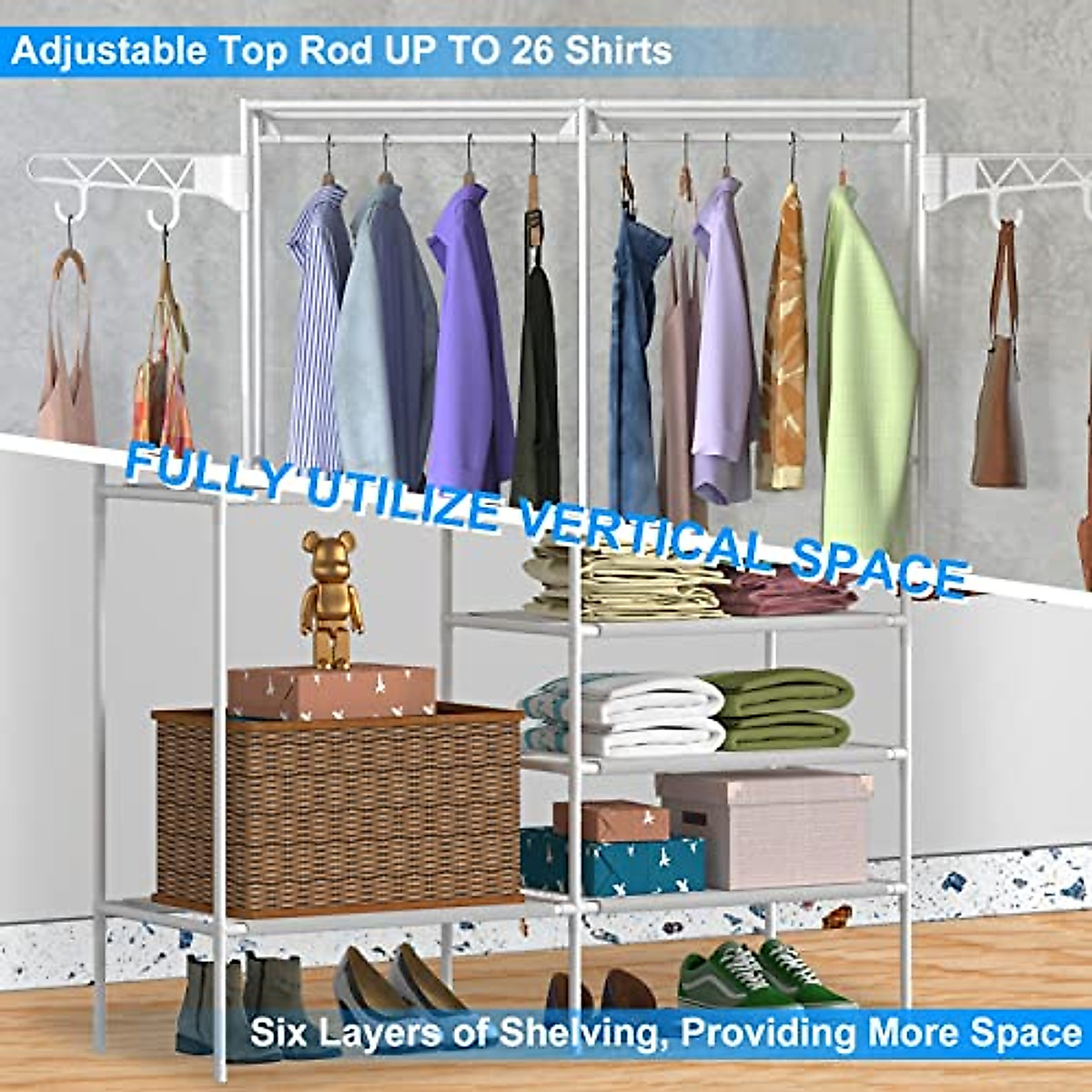 TeqHome Garment Rack, 42'' Freestanding Clothes Rack Shoe Clothing Organizer Shelves, Multifunctional Clothes Wardrobe with 4 Hooks & 2 Hanging Rods, Coated Iron Frame, Easy Assembly, Max Load 350lbs
