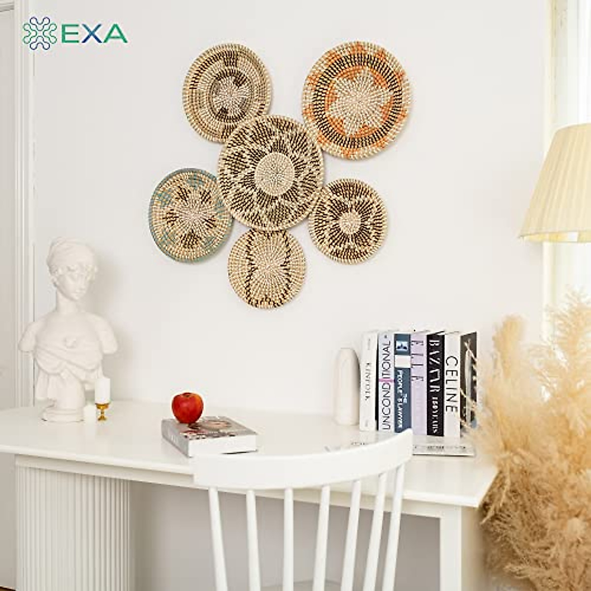 EXA Set of 6 Woven Wall Basket Fire Tribe Decor - Boho Farmhouse Rustic Coastal Room Style - for Thanksgiving Christmas Hanging Wall Art, Gift Idea, Table Settings - Handmade, Round, Natural Seagrass