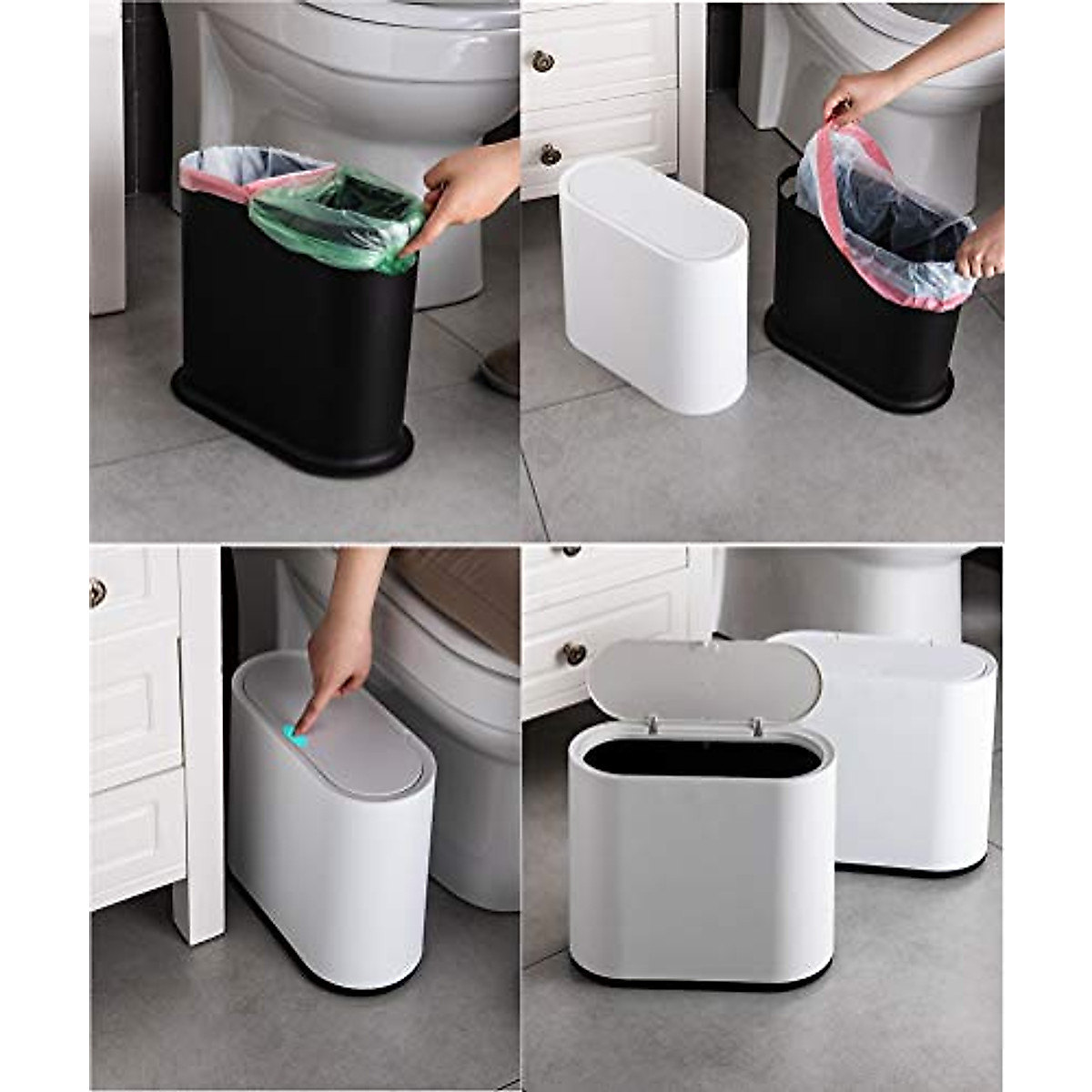 KLGO 10 Liter Slim Plastic Trash Can with Lid,2.4 Gallon Double Barrel Waste Basket,Rectangular Garbage Container Bin for Bathroom,Bedroom,Kitchen and Office,White