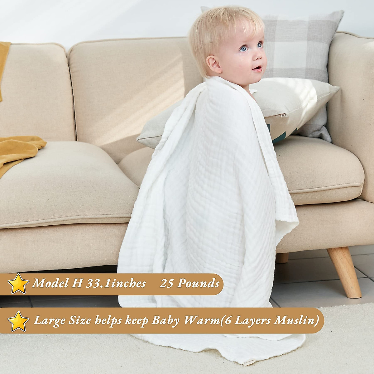 HardNok White Muslin Swaddle Blanket 6 Layer Super Soft Receiving Blanket, Breathable Baby Muslin Blanket for Boys Girls as Shower Gift (1, White 40x40)