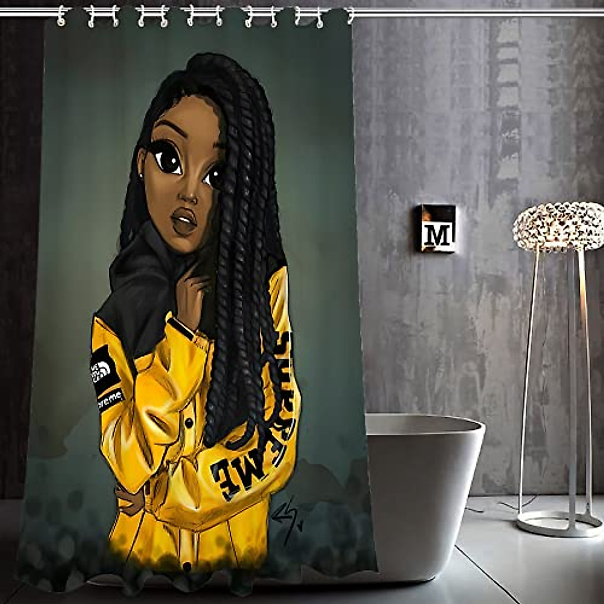 TIMYCA Black African Girl Bathroom Sets with Shower Curtains and Rugs, Toilet Lid Cover, Bath Mat, Inspirational Quote African Shower Curtain Set with Hooks, Waterproof Bathroom Shower Curtain Sets