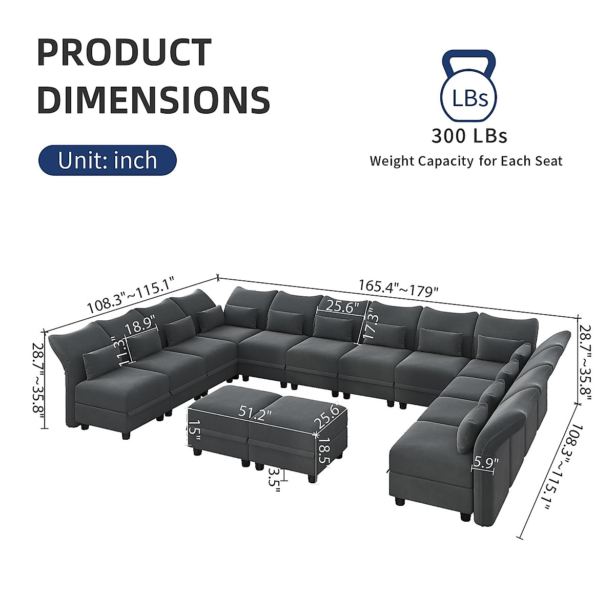 LLappuil Sectional Couch Convertible Oversize U Shaped Modular Sectional Sofa with Storage Easy Clean Anti-Scratch 14 Seat Velvet Sectional for Living Room, Grey
