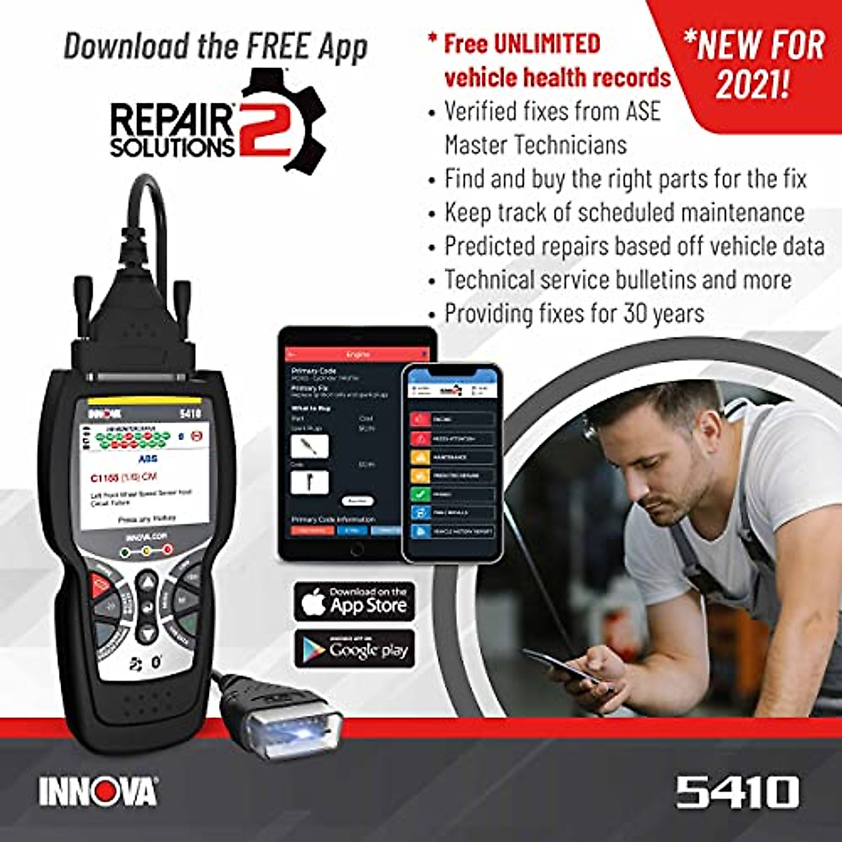 INNOVA 5410 – Newest 2022 All System OBD2 Scan Tool – Read/Erase Check Engine, ABS, SRS, and Transmission