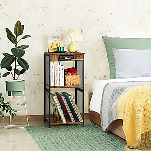 ETELI Record Player Stand with Album Storage Vinyl Record Storage Table with Power Outlet 3 Tier Turntable Stand Industrial Side Table for Living Room Bedroom Office, Brown