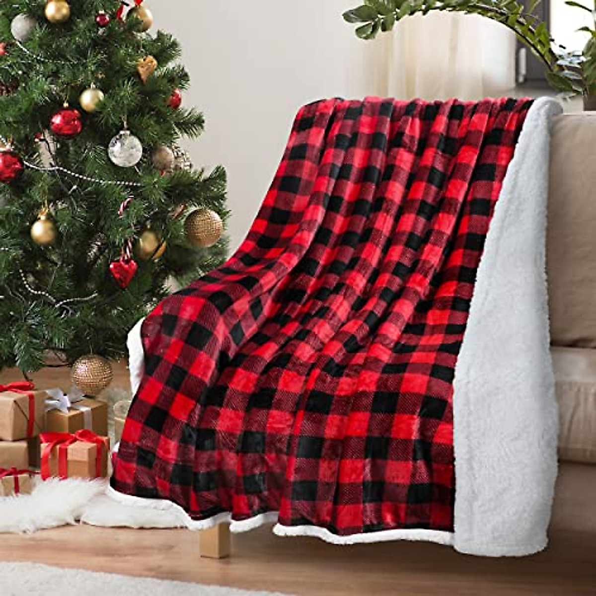 Red Buffalo Plaid Sherpa Throw TV Blanket 50" x 60", Super Soft Warm Comfy Plush Fleece Bedding Couch Cabin Throw Blanket