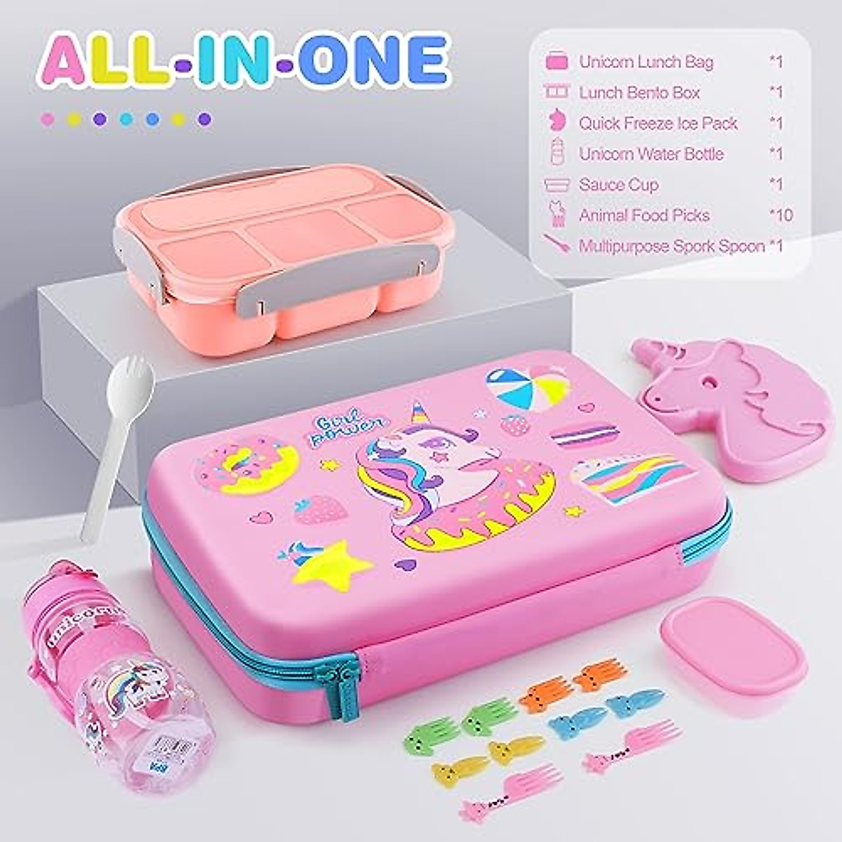 QearFun Insulated Unicorn Lunch Bag Bento Box for Girls,Lunch Box Set with 4 Compartment Bento Box Water Bottle Ice Pack Salad Container Food Picks,Perfect Kids Lunch Boxes for School Age 7-15