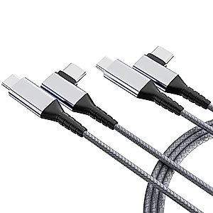 WATACHE USB C to USB C Cable, 6.6 ft Galaxy S23/23 Plus/23 Ultra Fast Charging Right Angle Type C Cable, Nylon Braided Type-C Cable 2 Pack for Home Office Travel Cord Charging(6.6 Ft, 2 Gary)
