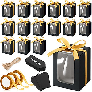 Fulmoon 50 Pack Gift Boxes for Wine Glass Transparent Gift Packaging Box for 9 oz Stemless Glass Paper Gift Box with Ribbon Tag Hemp Rope for Wedding Bridal Shower Baby Shower Birthday(Black)