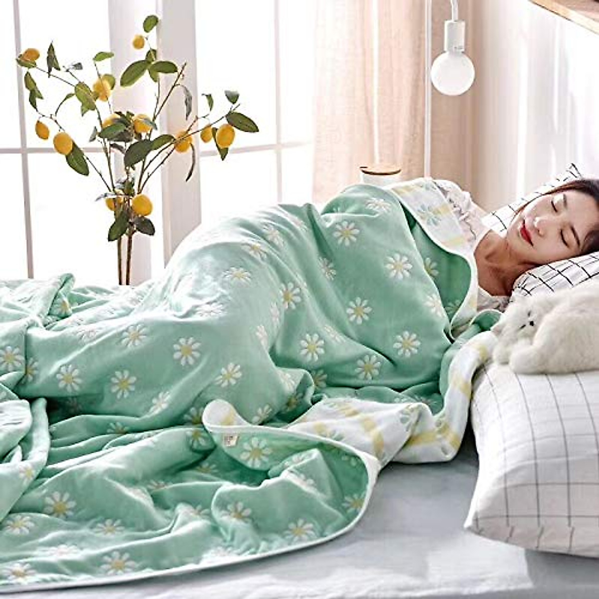 SANACYNA 6-Layer Gauze 100% Cotton Muslin Blanket Sunflower Queen Size 90"x90" Bed Blanket Lightweight Soft And Breathable Blanket For Sofa Bed Coverlet All Seasons Both sides (Green, Queen (90"x90"))
