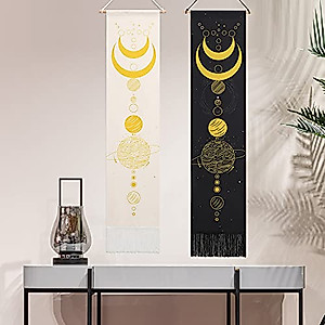 Lourny Sun and Moon Phase Wall hanging - 2 Pcs Long Black and White Tapestry Starry Night Sky Small Tapestries Decor for Bedroom Living Room(Black+White Moon)