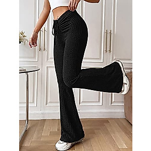 MakeMeChic Women's Drawstring High Waist Ribbed Knit Flare Pants Bootcut Yoga Pants Black S