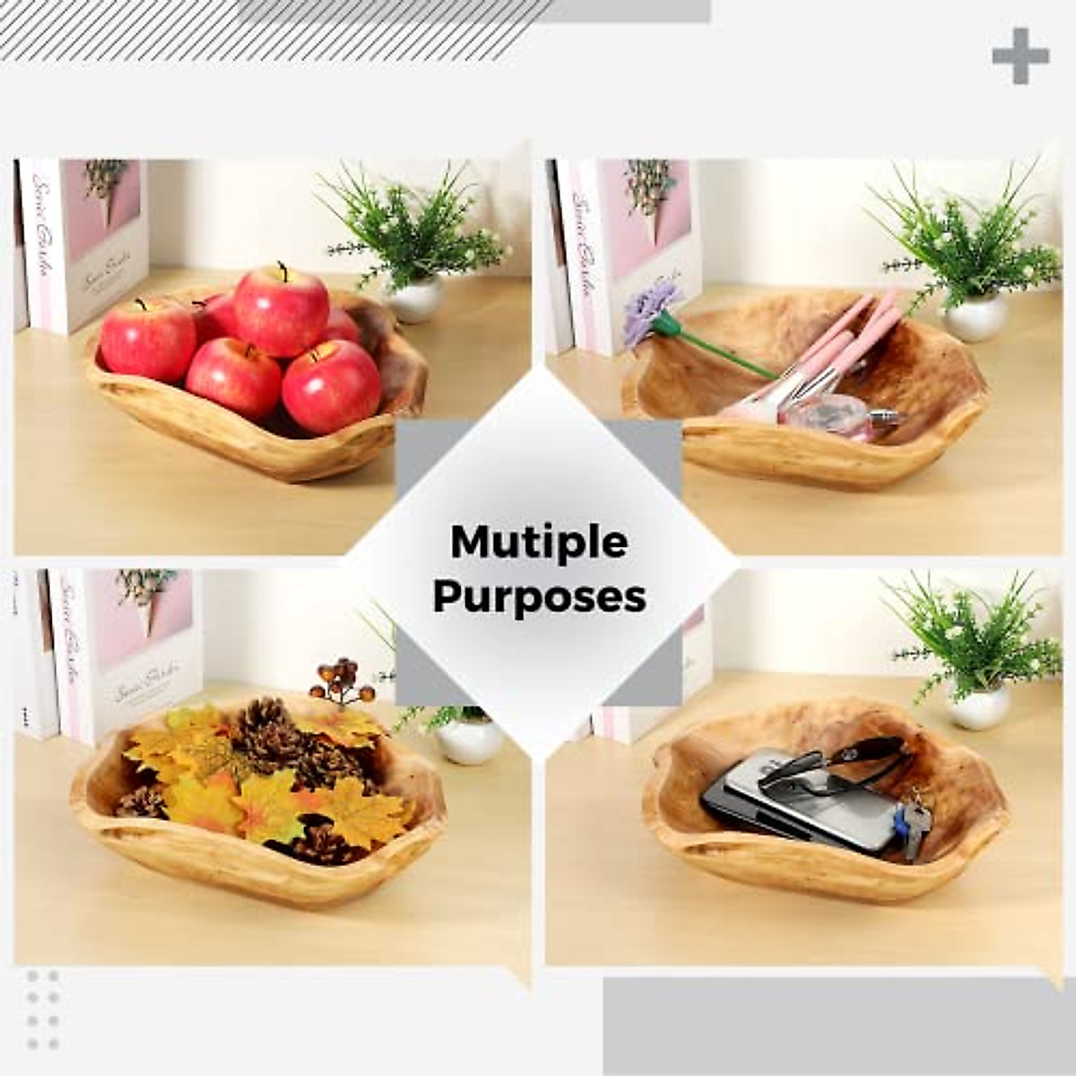 Homaisson 12''x10'' Decorative Wooden Bowl, Natural Handmade Wavy Live Edge Bowl for Dining Room Kitchen Table Home Decor, Farmhouse Wooden Fruit Bowl, Decorative Bowl for Nuts Keys Jewelry Display