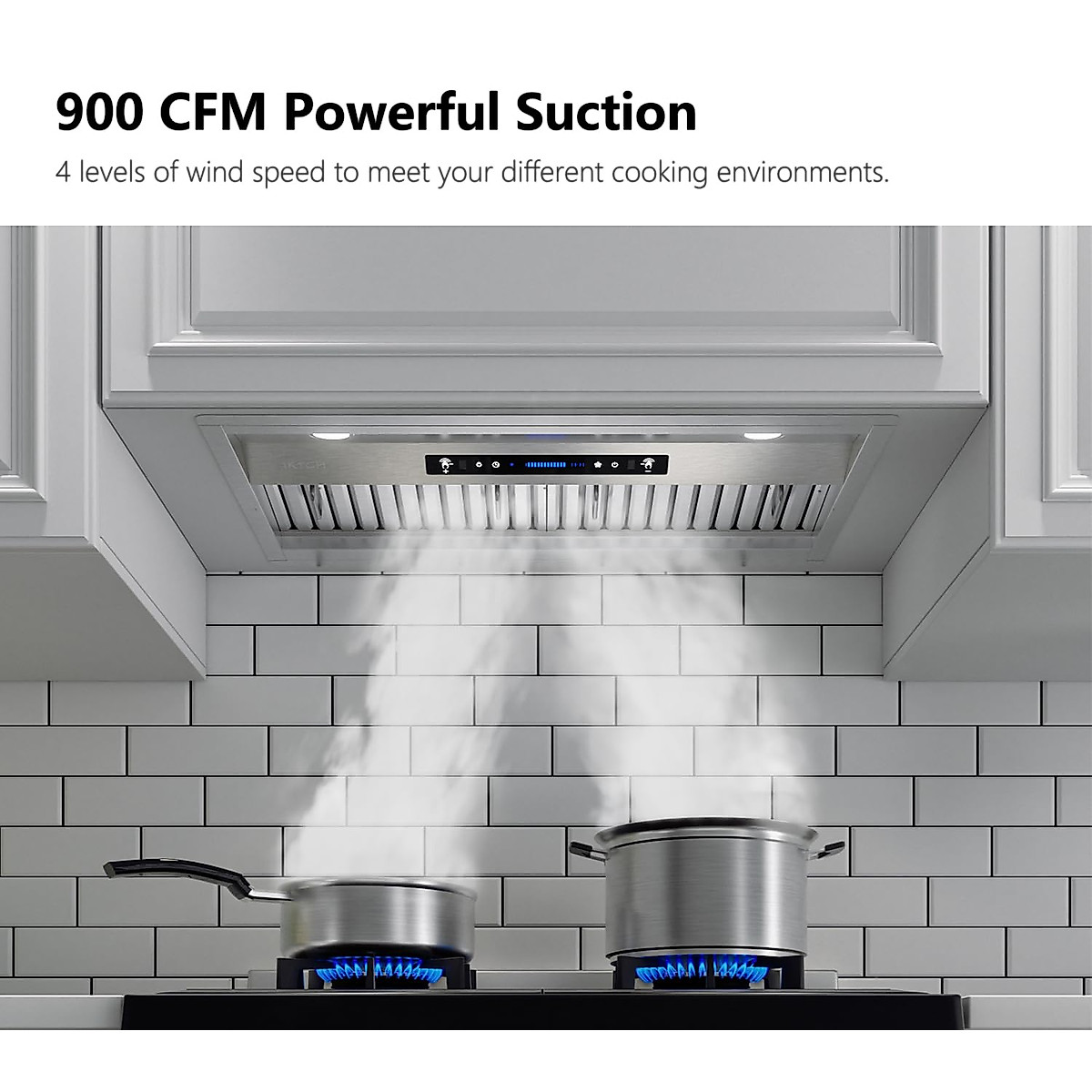 IKTCH 36 inch Built-in/Insert Range Hood 900 CFM, Ducted/Ductless Convertible Duct, Stainless Steel Kitchen Vent Hood with 2 Pcs Adjustable Lights and 3 Pcs Baffle Filters with Handlebar(IKB02-36'')