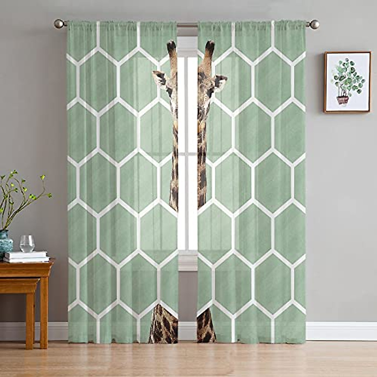 Sheer Curtains 63 Inch Length 2 Panels, High Cold Giraffe Semi Sheer Voile Bedroom Curtains & Drapes, Rod Pocket Window Treatments, Boho Curtains for Living Room Kitchen Backdrop Home Decor, W52xL63