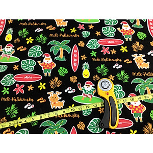 Mele Kalikimaka Hawaiian Christmas Surfing Santa in Black Background Hawaiian Print 100% Cotton Fabric Sold by The Yard