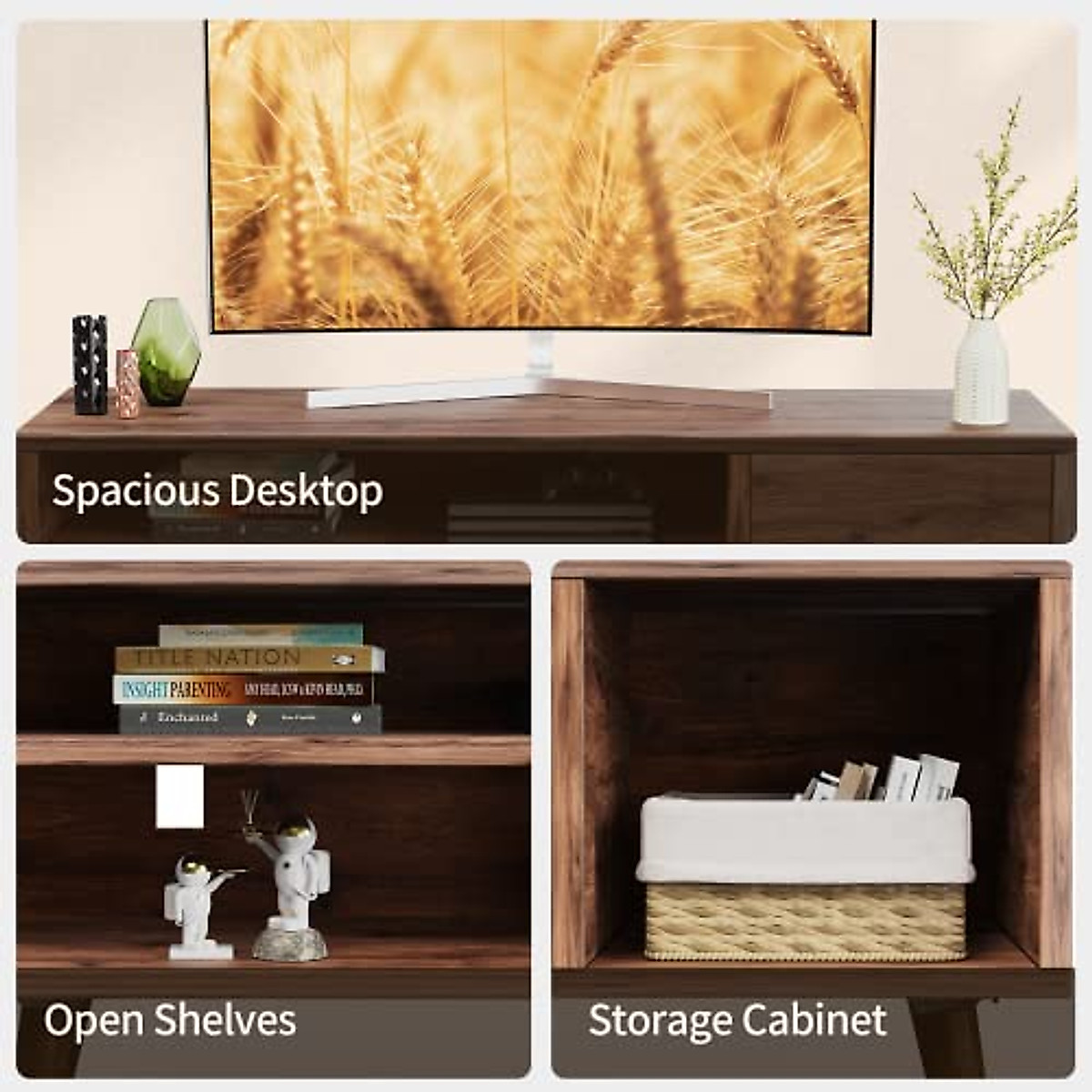 Retro TV Stand with Storage Cabinet for TVs up to 55 inch, TV Console for Media, Mid Century Modern TV Stand & Entertainment Center, Wooden TV Stand for Living Room/Bedroom, Walnut, APRTS01WN