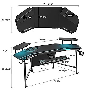 EUREKA ERGONOMIC Gaming Desk with Led Lights, 72" Large Wing-Shaped Studio Desk W Keyboard Tray Monitor Stand Dual Headphone Hanger Cup Holder for Live, Streamer