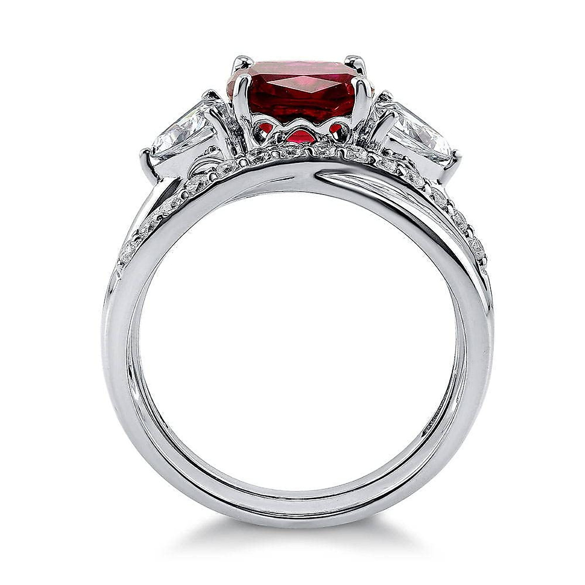 BERRICLE Sterling Silver 3-Stone Wedding Engagement Rings Simulated Ruby Cushion Cut Cubic Zirconia CZ Criss Cross Ring Set for Women, Rhodium Plated Size 7