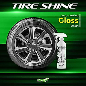 SansZo Tire Shine - One-Step Automotive Clear Coat Tire Dressing Spray for Glossy Wet Tire Look - Non-Greasy Auto Detailing for Rubber, Vinyl & Plastic, with UV Protector, with Microfiber Cloth, 24oz