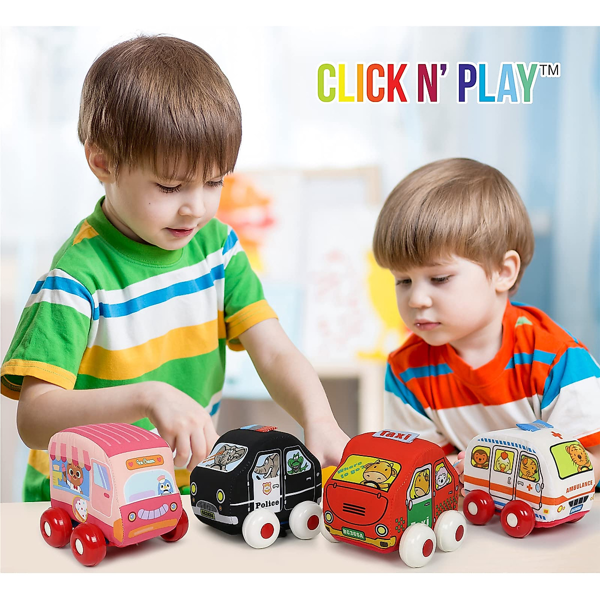 Click N' Play Plush Cars - Set of 4 Soft Cars - Durable Stuffed Ambulance, Taxi, Police Car, Ice Cream Truck Toys - Sensory Baby Car Toy Set - Sensory Push Cars for Toddlers, Kids