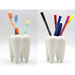 MONMOB Ceramic Tooth Shaped Pen Pencil Toothbrush Holder Pot Succulent Plant Pot Home Office School Dentists Gift (3.9")