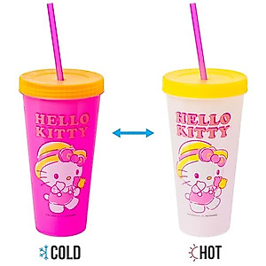 Silver Buffalo Sanrio Hello Kitty Summertime Gardening 4-Pack Color Changing Plastic Tumblers Includes Lid and Straw, 24 Ounces