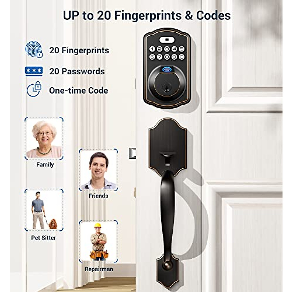 Veise Fingerprint Door Lock Set, Keyless Entry Door Lock, Front Door Handle Sets, Electronic Keypad Deadbolt with Lever Handle, 2 Keys, Auto Lock, Code Door Lock, Easy Installation, Oil Rubbed Bronze