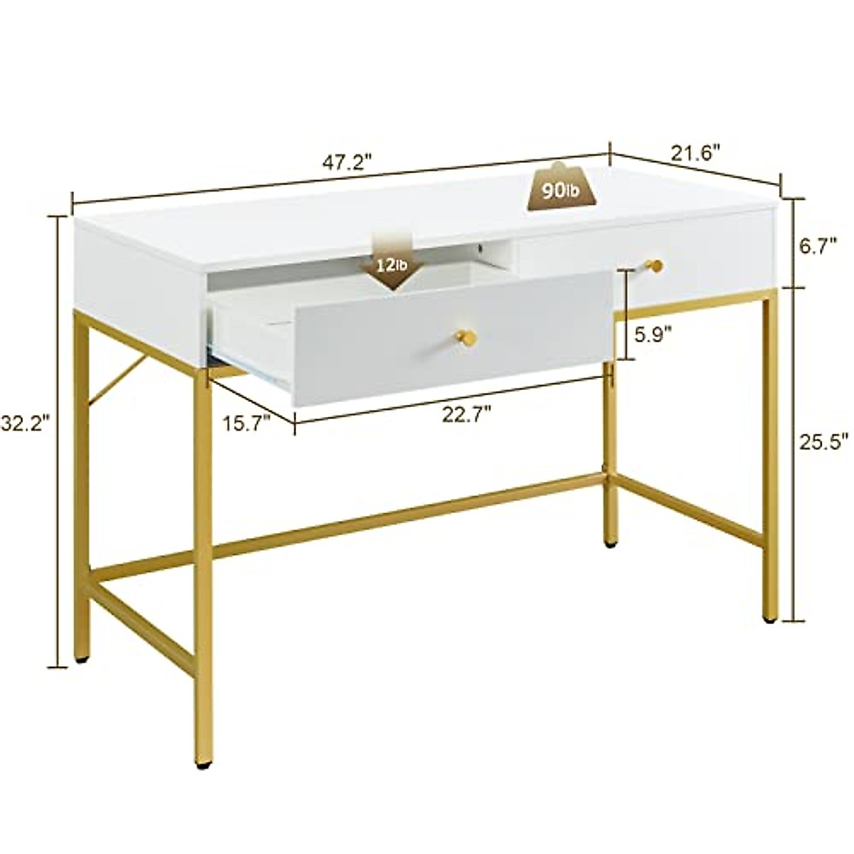 SUPERJARE Vanity Desk with Drawers, 47 inch Computer Desk, Modern Simple Home Office Desks, Makeup Dressing Table for Bedroom - White and Gold