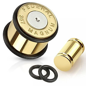 Pierced Owl Bullet 357 Magnum Gold Tone Large .357 Bullet Shell Ear Plugs with O-rings, Sold as a Pair (10mm (00GA))
