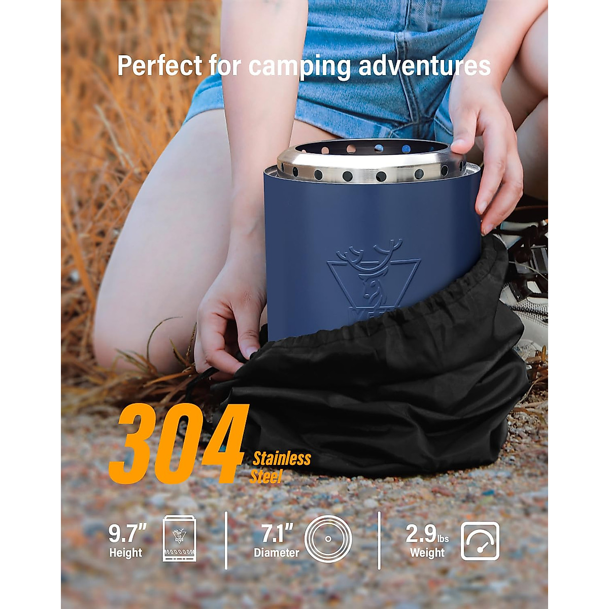 YEFU Tabletop Fire Pit 9.7 x 7.1 in, Flame Intensity Control Camping Stove for Outdoor & Patio, Fueled by Pellets or Wood, Safe Burning Table Top Firepit, with Travel Bag & 2 Mini Sticks, Blue