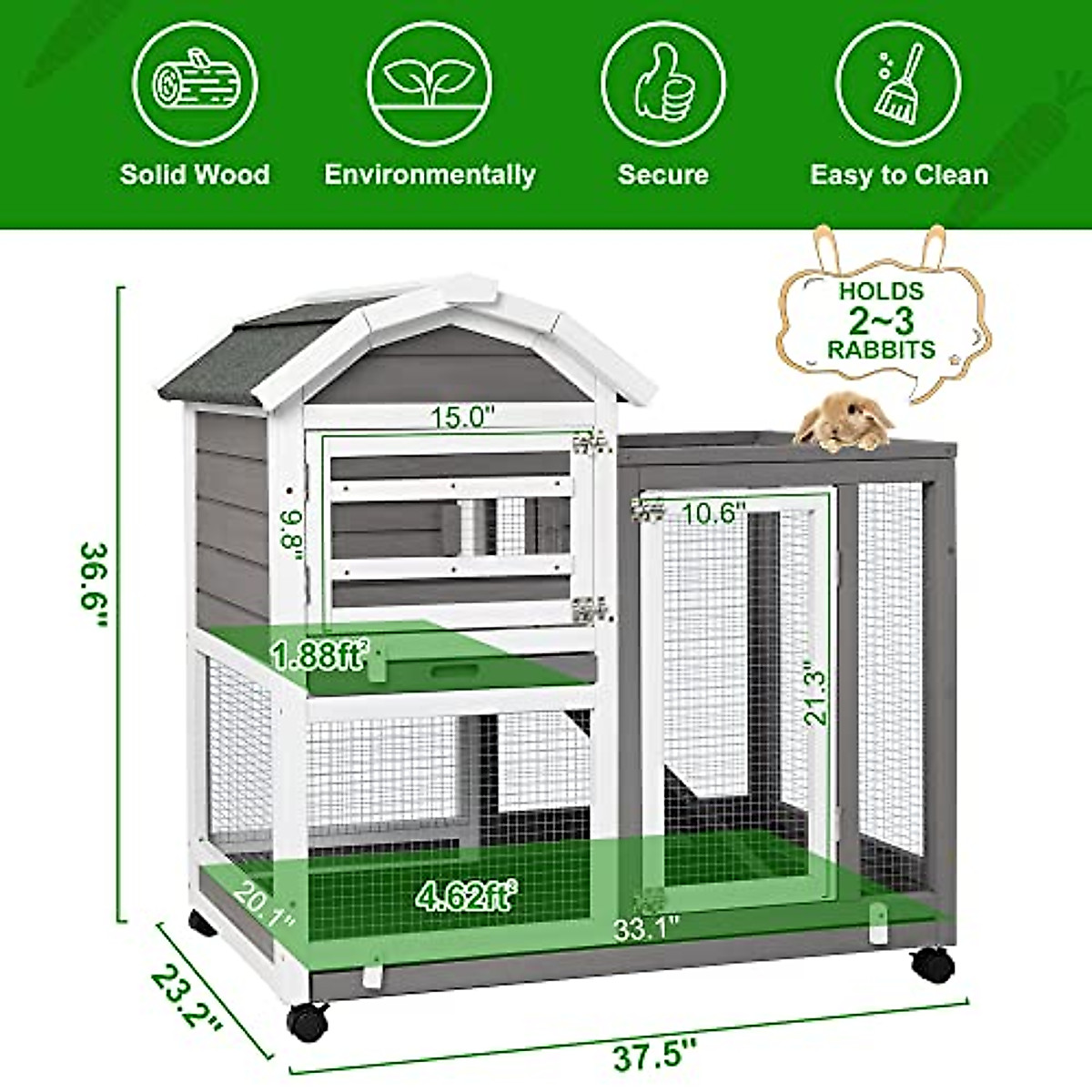Gowoodhut Rabbit Hutch Two Story Outdoor Bunny Hutch Removable Rabbit Cage with Run Indoor Rabbit House with 2 Deeper No Leak Trays,Asphalt Roof