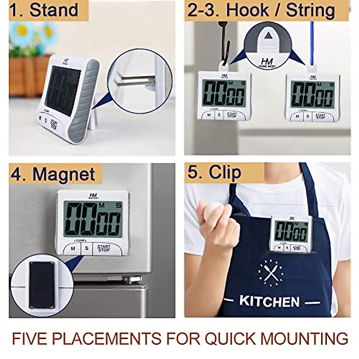 HOME MOST 3" Large Display Kitchen Timer - Digital Timer Magnetic Back Loud Alarm On A Rope- White Cooking Timers For Kitchen Teachers Students Games Kids Meetings - Sports Timer For Workouts Exercise