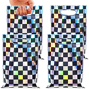 50 Pcs Iridescent Checkered Race Car Party Favor Bags, Plastic Black and Iridescent Car Goodie Treat Bags, Racecar Laser Plaid Candy Gift Bags for Kids Fast Race Car Birthday Party Decorations