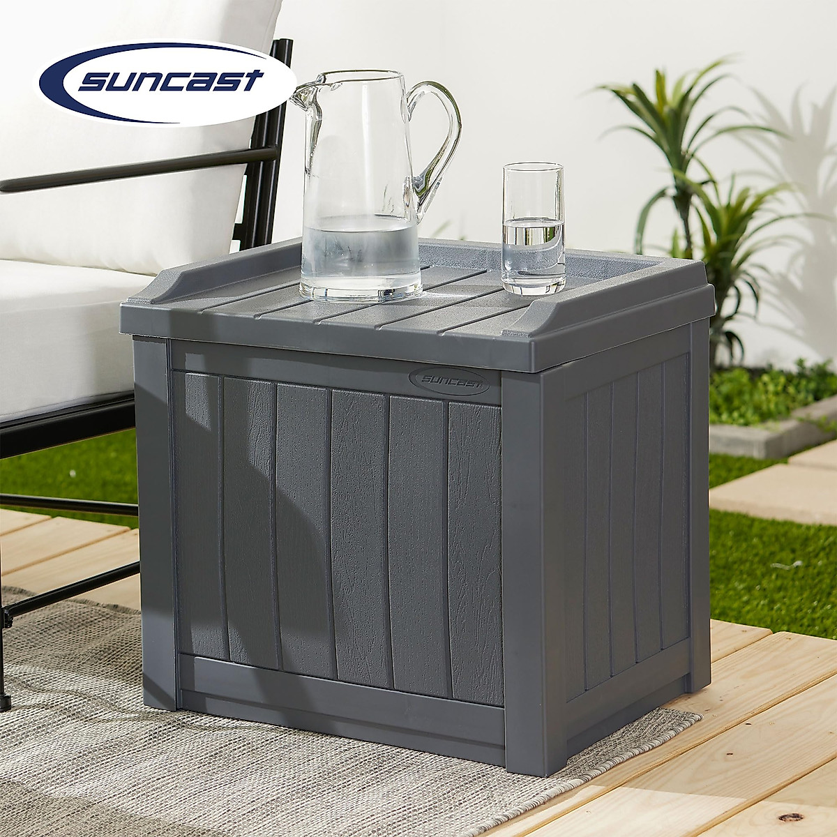 Suncast 22-Gallon Indoor or Outdoor Backyard Patio Small Storage Deck Box with Attractive Bench Seat and Reinforced Lid, Cyberspace (3 Pack)