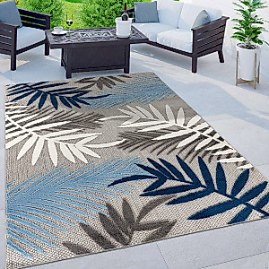 Rugshop Evora Palm Frond Non-Shedding Patio Deck Backyard Indoor/Outdoor Area Rug 5' x 7' Blue