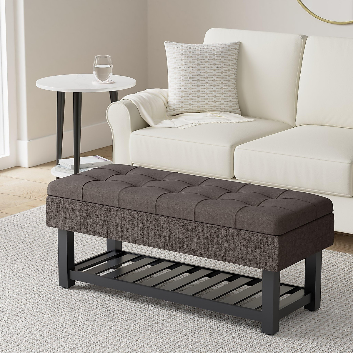 SIMPLIHOME Saxon 43 Inch Wide Transitional Rectangle Storage Ottoman Bench in Fawn Brown Linen Look Fabric, For the Living Room and Bedroom