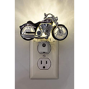 GE LED Motorcycle Night Light, Plug-In, Dusk-to-Dawn Sensor, Auto On/Off, Energy-Efficient, Soft White, Flames & Chrome Design, Ideal for Bedroom, Playroom, Bathroom, & More, Black/Silver, 10904