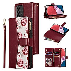UEEBAI Wallet Case for Samsung Galaxy A13/A04s, PU Leather Magnetic Closure Handbag Zipper Pocket Case Kickstand Card Slots with Wrist Strap TPU Flip Cover for A13 5G/4G - Flower Wine Red