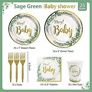 Heboland Sage Green Baby Shower Decorations Neutral Plates Set for 25 Guests, 125 Pieces of Paper Plates Cups Napkins Forks for Baby Shower Theme Party Supplies
