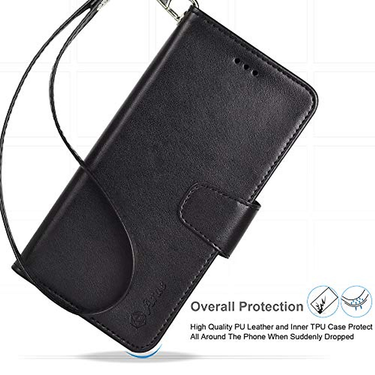 Arae Case for iPhone 12 / iPhone 12 Pro 6.1 inch Wallet Case Flip Cover with Card Holder and Wrist Strap for iPhone 12 / iPhone 12 Pro 6.1 inch - Black