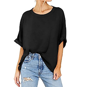 Langwyqu Womens' Short Sleeve Oversized Summer Crew Neck Loose Casual Tee T-Shirt Black