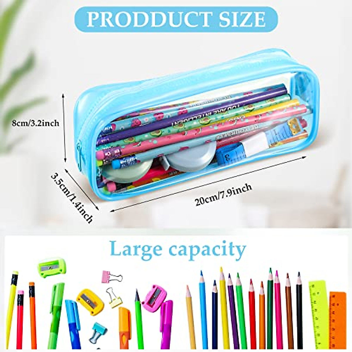12 Pcs Clear PVC Pencil Case with Zipper Transparent Makeup Pouch Cosmetic Make up Bag Organizer Big Capacity Waterproof Pencil Bag for School Office Travel Women Student Kid(Multicolor)